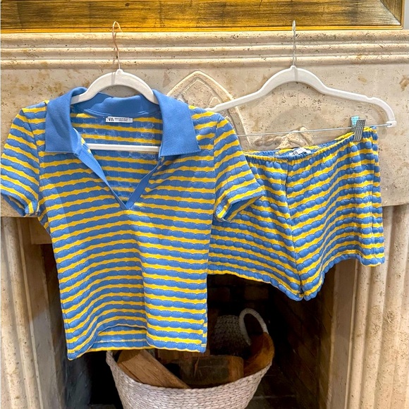 Zara | Tops | Zara Blue And Yellow Striped Knit Set | Poshmark